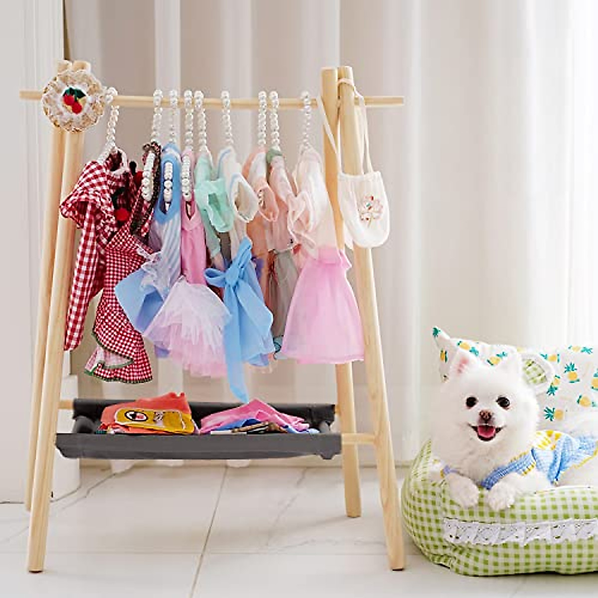 awagas Garment Rack with 6Pcs Pearl Hangers for Pets/Dolls/Baby，Wooden Kids Baby Clothing Rack Storage Shelf Small Clothes Rack Baby Clothes Rack 29.53" Hx 20.47" W x11.81 D for Baby Toddler Doll Pet