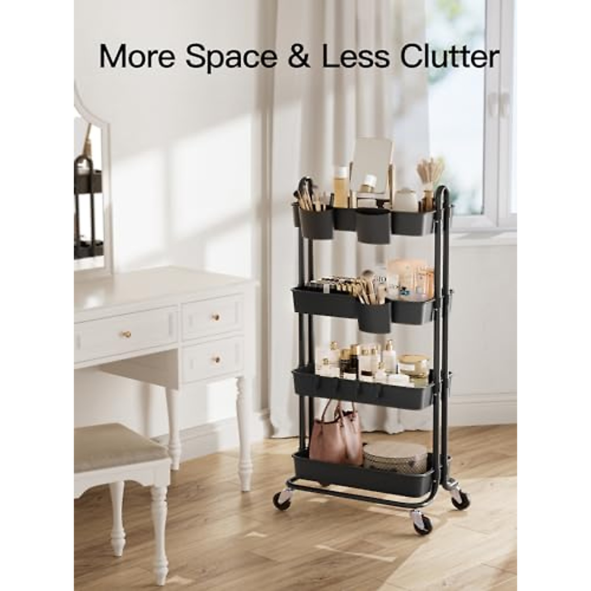 Pipishell 4-Tier Rolling Cart, Utility Cart with Lockable Casters, PP Plastic Storage Baskets, Hanging Cups & Hooks, Rolling Cart for Living Room, Bedroom, Kitchen, Bathroom, Art Studio(Black)