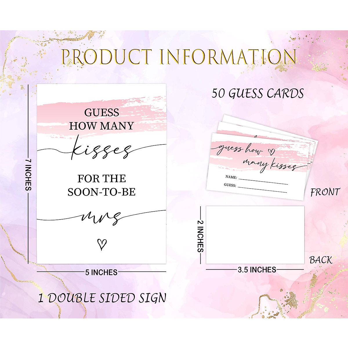 Pink Swash Bridal Shower Game, Guess How Many Kisses For The Soon To Be Mrs, Pack of 1 Sign and 50 Guessing Cards, Modern Bridal Shower Decorations, Wedding Shower Supplies - 05