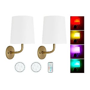 HEQIQEH Rustic Vintage Battery Operated RGB Wall Sconce Light Fixture with Remote Control, Flared Funnel Linen Fabric Shade Dimmable Nightstand Lamps for Bedroom Bedside, 2 Packs (Antique)