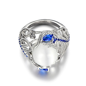 Unique 925 Sterling Silver Floral Ring Moonstone Treasure Blue Sapphire Diamond Jewelry Luxury Exaggerated Engagement Cocktail Party Wedding Band Rings for Women Size 6 - 10 (Blue sapphire,7)