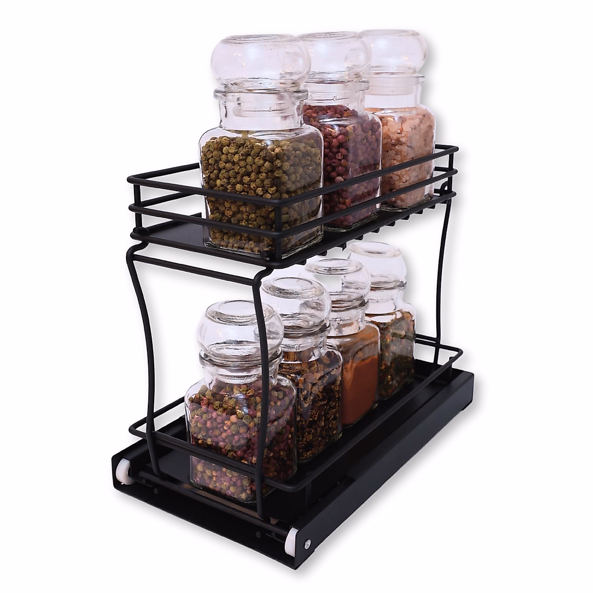 Wondersome Pull-Out Spice Rack Organizer for Cabinet Shelf - Matt Black - 2-Tier Kitchen Jars Organization and Storage Tray - EZ-Slide Rolling Drawer Wheels - Assembles in Moments - US-Based Brand