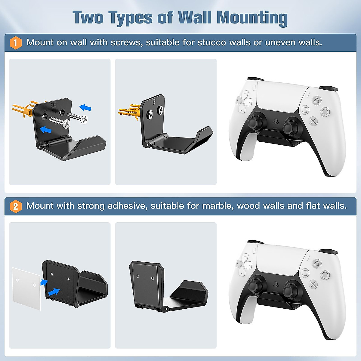 KUNSLUCK 6 Pack Controller Wall Mount for PS5, Xbox, Switch Controller, Wall Mount Stand for Controller&Headset, Adhesive/Screws Installation (Black)