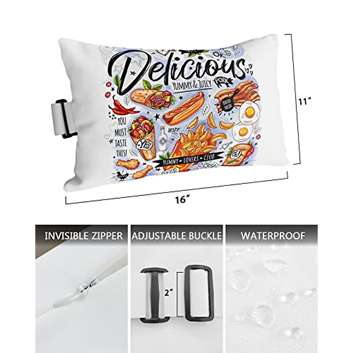 Recliner Head Pillow Ledge Loungers Chair Pillows with Insert Food Doodle Delicious Hot Dog Bacon Lumbar Pillow with Adjustable Strap Outside Patio Decorative Garden Cushion for Bench Couch, 2 PCS