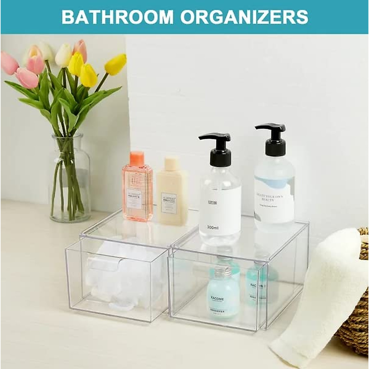 Acrylic Makeup Organizer, 4.4'' Tall Bathroom Clear Plastic Storage Bins, Set of 2