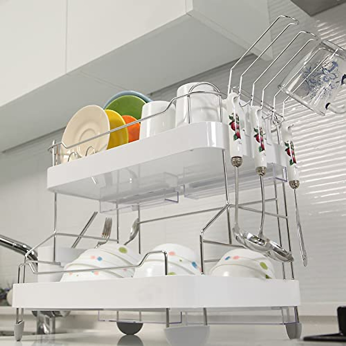 TULGIGS Sink Dish Drying Rack Two Tier Shelf Liner Dish Holder with High Grossy Dish Drainer Cup Holder Spoon Storage Knife Case