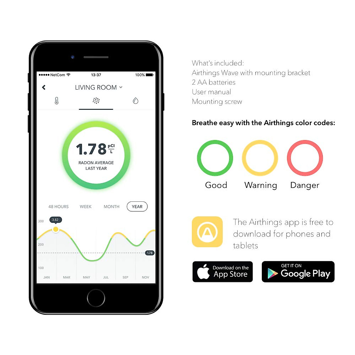 Airthings Wave 1st Generation - Smart Radon Detector with free app – Easy-to-Use – Temp and Humidity – Accurate – No Lab Fees – Battery Operated