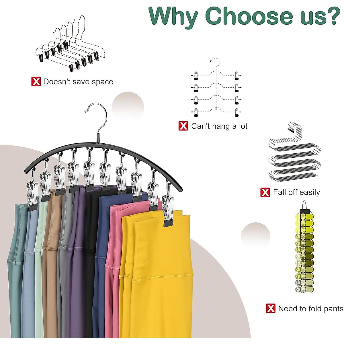 Legging Organizer for Closet,Pants Hangers, Metal Yoga Pants Hangers 2 Pack w/10 Clips, Space Saving Hanging Closet Organizer w/Closet Organizers and Storage for Pants Skirts Scarf Legging