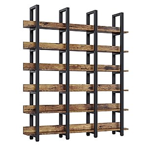 oneinmil 71" Tall Triple Wide 6 Tier Bookshelf, Industrial Style Bookcases, Open Display Shelves, Modern Tall Bookcase Furniture for Bedroom, Living Room and Home Office, Brown
