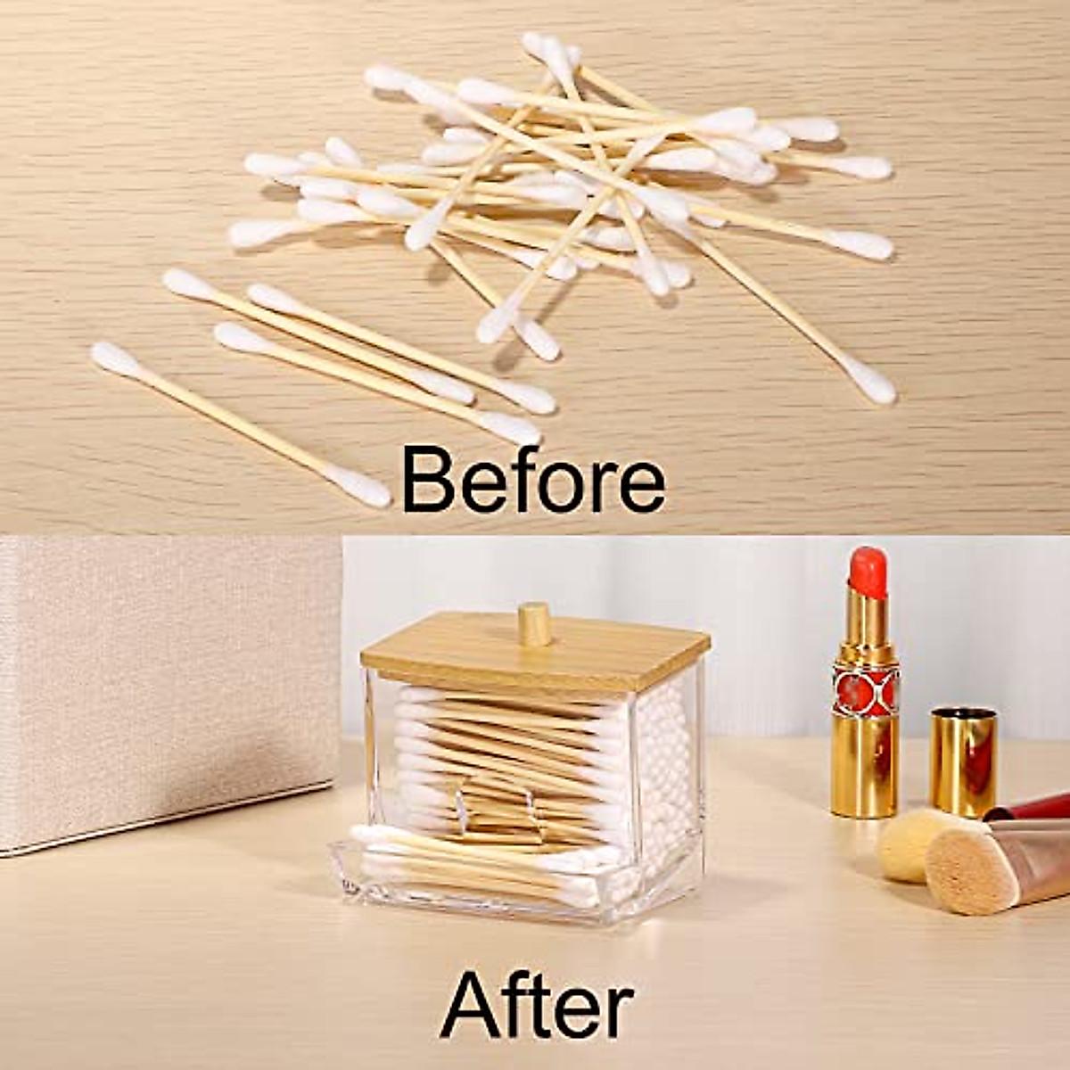 Hipiwe Acrylic Q-Tip Holder with Bamboo Lid - Clear Q-Tips Dispenser Bathroom Containers Canister Cotton Swab Holder Bathroom Countertop Storage Organizer for Q-tip Cotton Swab