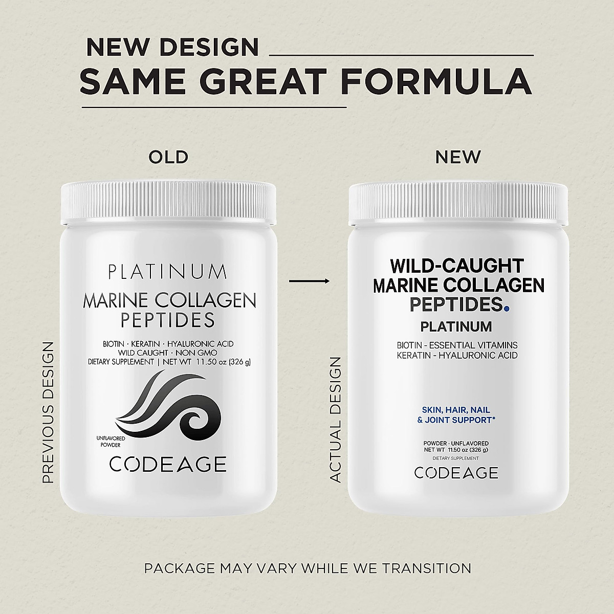 Codeage Marine Collagen Protein Powder Supplement Platinum - Biotin 10,000 mcg, Vitamin C, D3 & B6, Keratin, Hyaluronic Acid, Niacin, Wild Caught Hydrolyzed Fish Collagen Peptides - Non-GMO - 11.50 oz