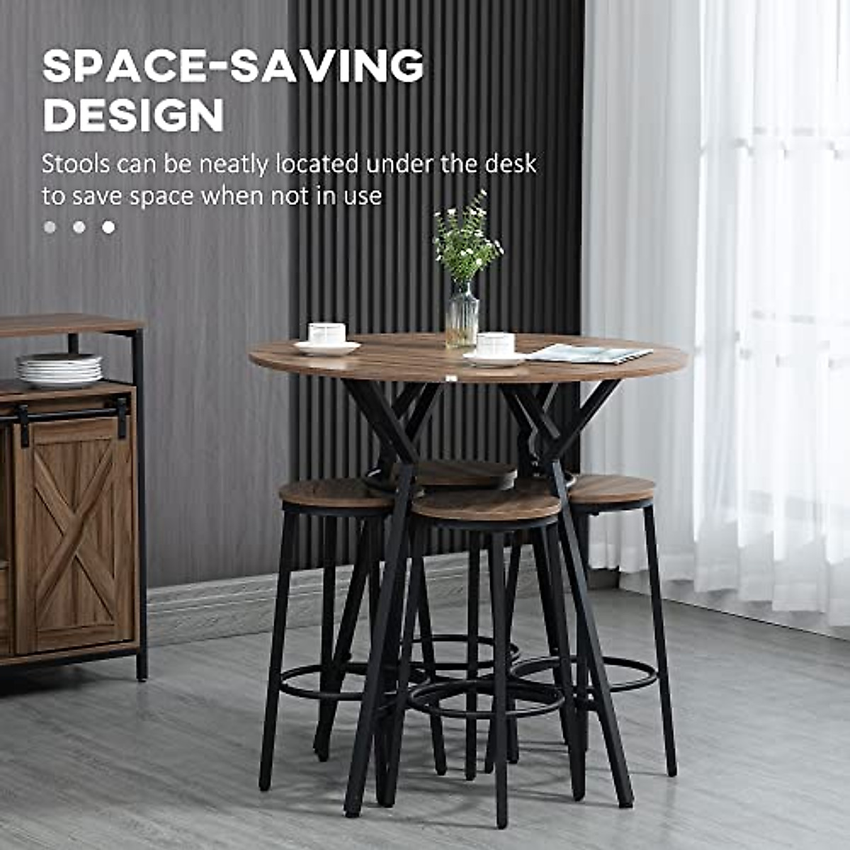 HOMCOM Industrial 5-Piece Bar Table and Chairs Set, Space Saving Dining Table with 4 Stools for Pub and Kitchen, Black & Brown