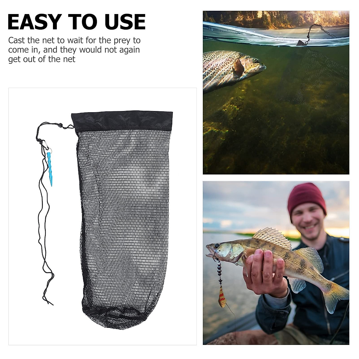 LIOOBO Fishing Bag Fish Collection Bag Nylon Fishing Net Fishing Basket Mesh Fish Fin Snorkel Net Bag Fish Cage Fishing Keep Net with Storage Bag for Fishing Gear 1Pc Black