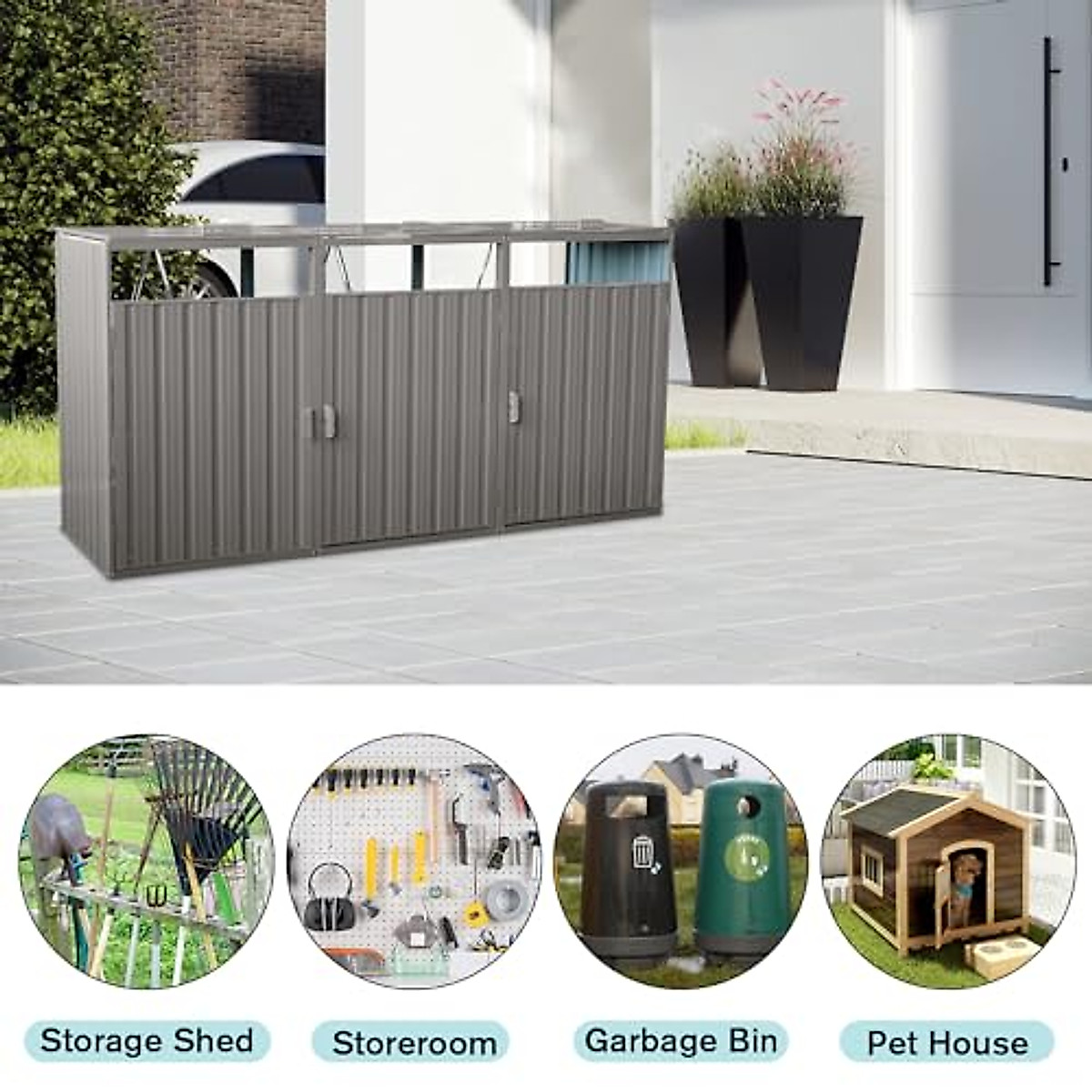 Jintop 94.48" Metal Garbage Bin Shed Stores with Ventilated and Lockable,Patio Furniture 3 Trash Cans Outdoor Sheds w/Rust-Proof & Scratch- Resistant,for Garden Yard Lawn,Grey