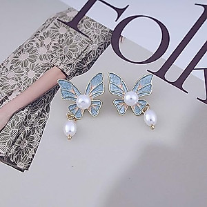 Sttiafay Boho Acrylic Butterfly Pearl Drop Earrings Gold Pearl Dangle Earrings Blue Enamel Butterfly Earrings Vintage Resin Butterfly Stud Earrings Jewelry for Women and Girls