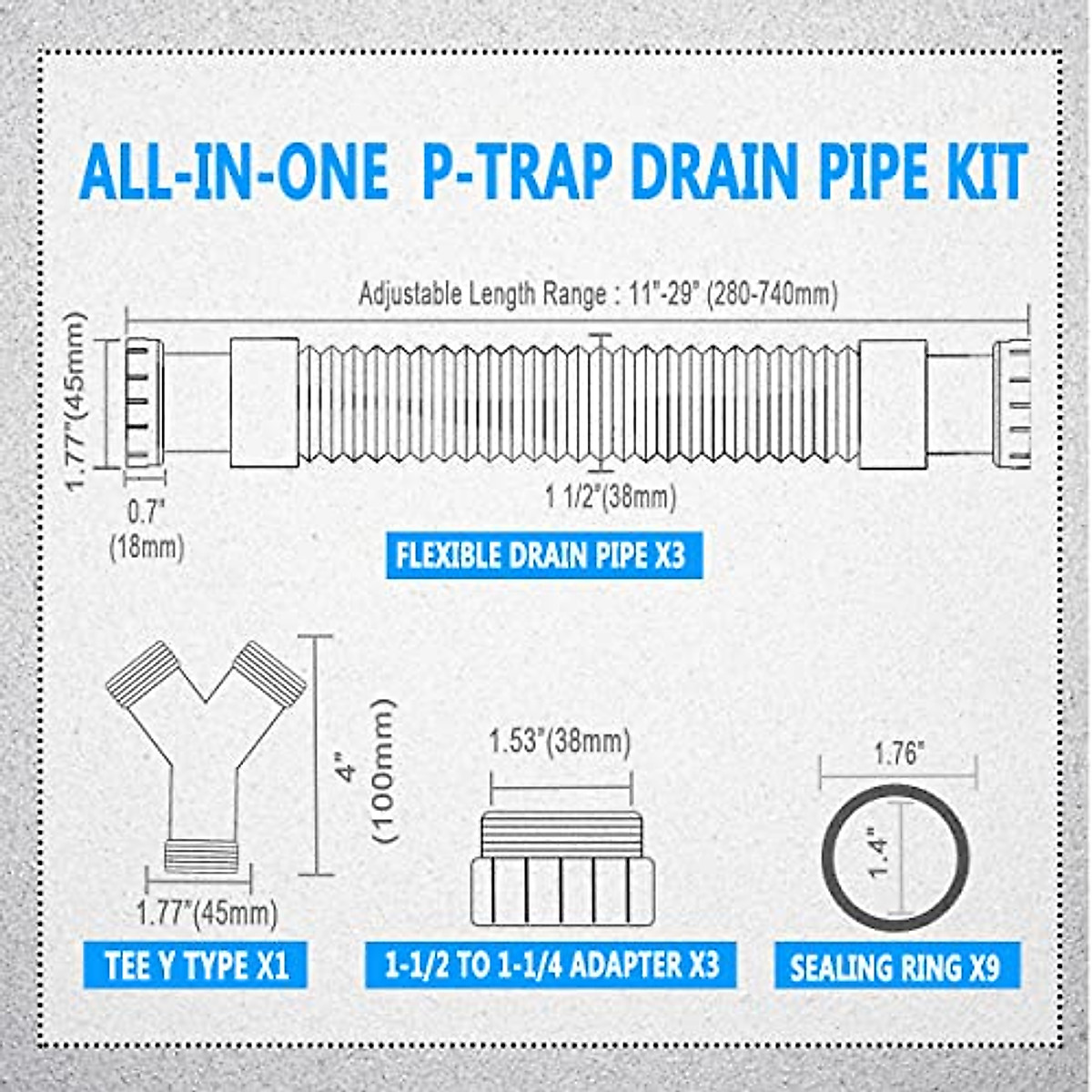 Cinsda Flexible P Trap Kit Fits 1 1/2" or 1 1/4" Double Bowl Sink Drain, Expandable All In One Sink Drain Pipe for Kitchen, Bathroom, Restroom