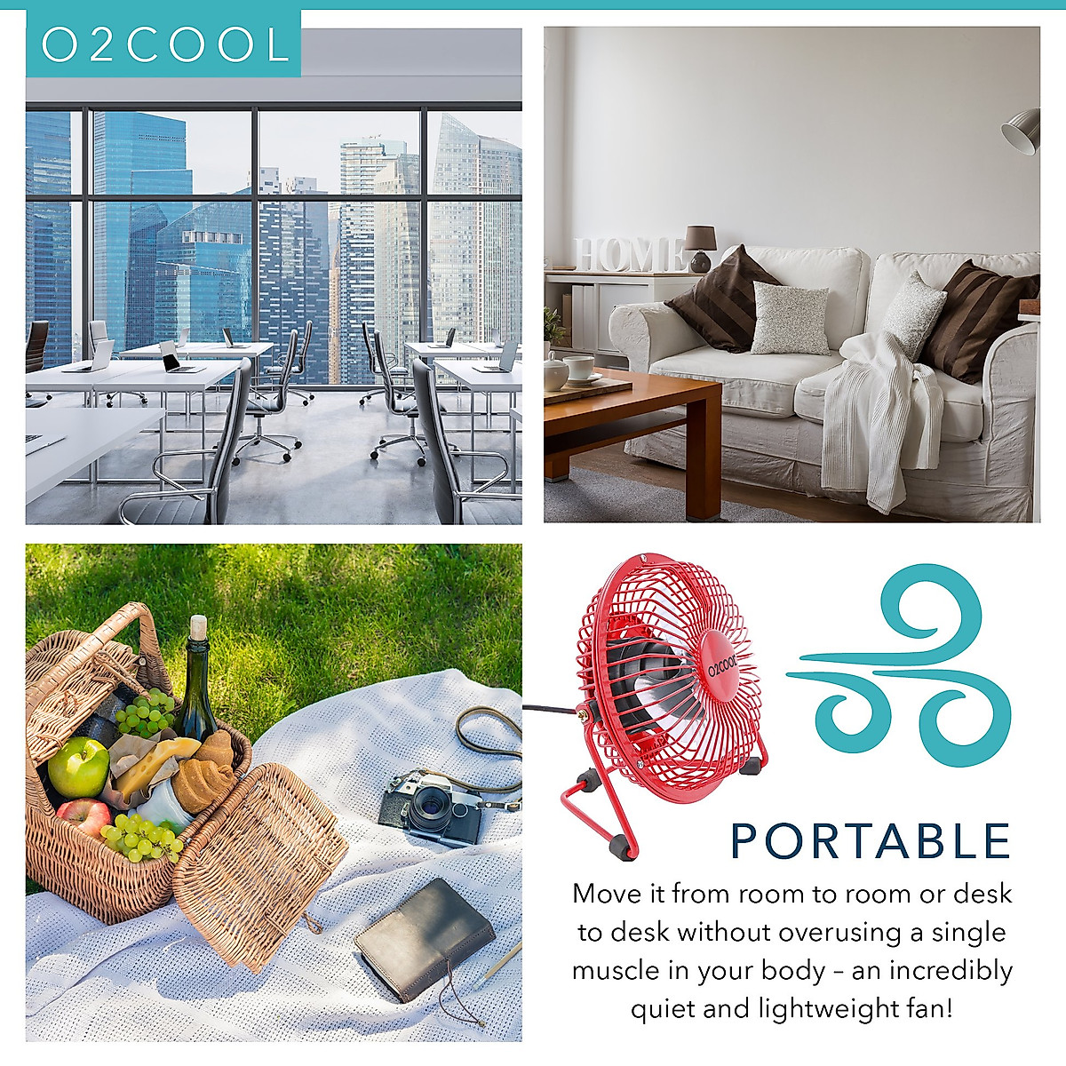 O2COOL 4" USB Personal Desk Fan – Portable Mini Table Cooling Fan - Plugs into Computer - Adjustable 360° Tilt, Quiet, Rubber Grip Feet - Red