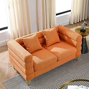 Deolme 60" W Teddy Orange Loveseat Sofa Couch with Firm Strcuture & Thicken Sponge Comfy Love Seat Couches Sleeper for Living Room Bedroom Small Spaces Mid-Century Modern Furniture