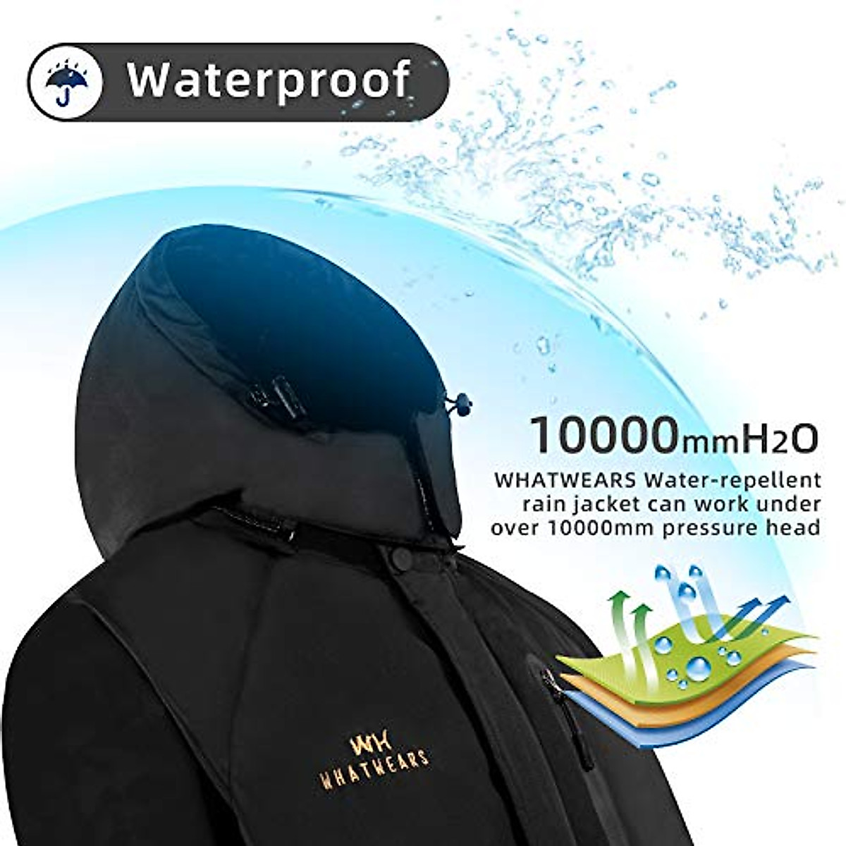 WHATWEARS Men's Winter Coats Waterproof Ski Jacket for Men Snow Coat Windproof Mountain Jackets with Hooded, Black, L