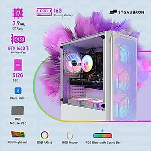STGAubron Gaming PC Computer Desktop, GTX 1660 Ti 6G GDDR6, Intel Core I7 up to 3.9 GHz, 16G RAM, 512G SSD, WiFi, BT 5.0, RGB Fan x 6, RGB Mouse Pad, RGB BT Sound Bar,Windows 10 Home,White