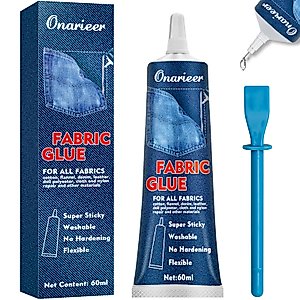 Onarieer 60ml Fabric Glue, Fabric Glue Permanent Clear Washable for Patches Drying Waterproof Fabric Adhesive Glue for All Fabrics, Clothes, Cotton, Flannel, Denim, Leather, Polyester, Doll Repair