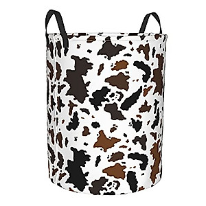 Circular Dirty Clothes Hamper Organizer Pack Black And Brown Cow Print Large Laundry Basket Storage Bag With Handles Collapsible Washing Bin For Home College Dorm Medium