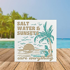 Farmhouse Beach Wooden Box Sign, Salt Water and Sunsets, Summer Beach Decor for Home Bedroom Bathroom, Inspirational Beach House Ocean Nautical Decoration, Beach House Gifts for Women Men New House