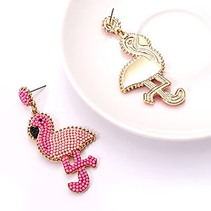 Beaded Flamingo Earrings for Women Handmade Boho Tropical Bird Earrings Statement Pink Animal Flamingo Drop Dangle Earrings Summer Beach Jewelry Gift
