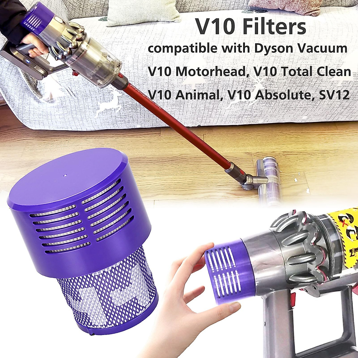 LhhTing Replacement V10 Filters for Dyson V10 Cyclone Series, V10 Absolute, V10 Animal, V10 Total Clean, SV12, Replace Part No. 969082-01, 3 Pack Filters and 1 Clean Brush