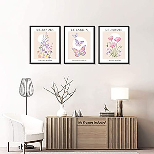 Le Jardin Posters for Room Aesthetic - Unframed Set of 3 (12x16 inch) Danish Pastel Room Decor, Butterfly Wall Art, Boho Wall Decor, Room Decor Aesthetic, Flower Market Posters, Purple Butterfly Pink Poppy Artsy Poster Prints for Living Room Bedroom by za