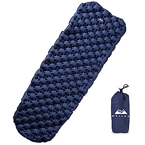 WellaX Ultralight Air Sleeping Pad - Inflatable Camping Mat for Backpacking, Traveling and Hiking Air Cell Design for Better Stability & Support -Plus Repair Kit - Blue