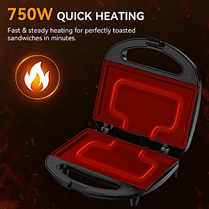 Snailar ABS07 Sandwich Maker, 2 Slice Grilled Cheese Maker with Non-stick Flat Plates, Indicator Lights, Cool Touch Handle, Easy to Clean and Store, 750 W
