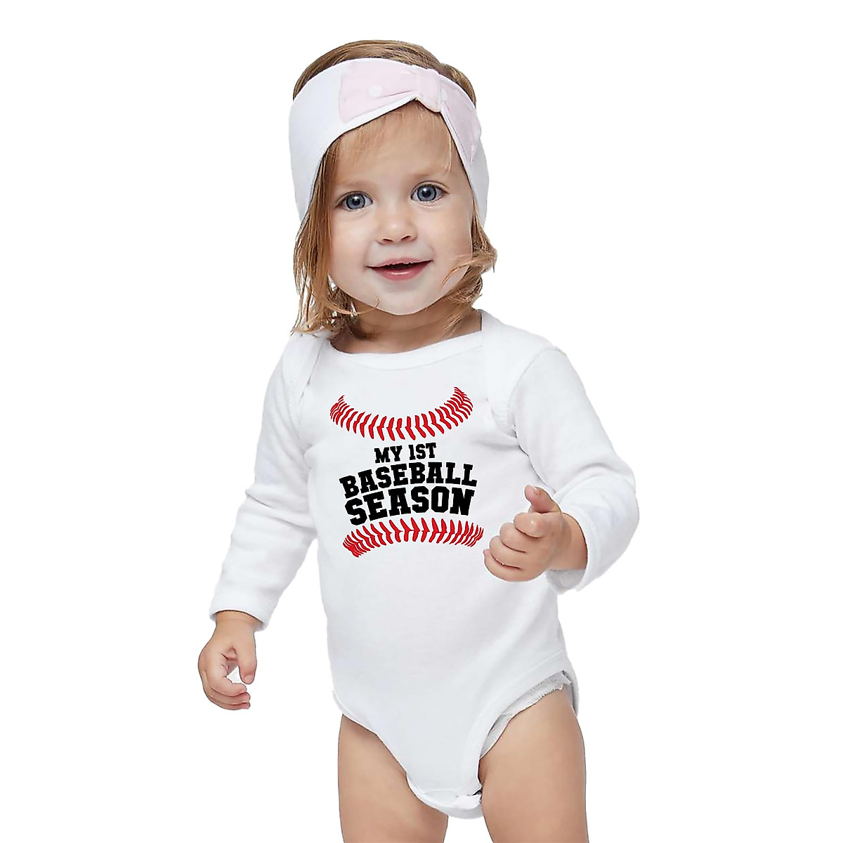 Baffle Custom Baseball Onesie, MY FIRST BASEBALL SEASON (Name & Number on Back), Personalized Baby Onesie, Unisex Onesie (3M, WHITE LONG SLEEVE)