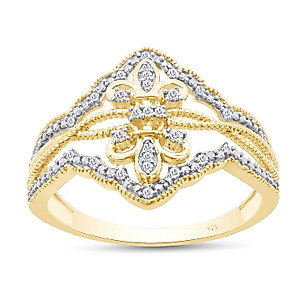 1/15 Carat Round Cut White Natural Diamond Mirrored Fleur-de-Lis Twisted Vintage-Style Ring Jewelry For Women In 14k Yellow Gold Over Sterling Silver (0.07 Cttw, Color-I-J, Clarity- I2-I3) Ring Size-7