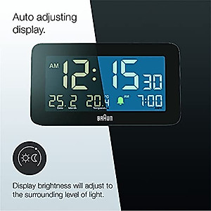 Braun Digital Alarm Clock with Date, Month and Temperature Displayed, Negative LCD Display, Quick Set, Crescendo Beep Alarm in Black, Model BC10B.