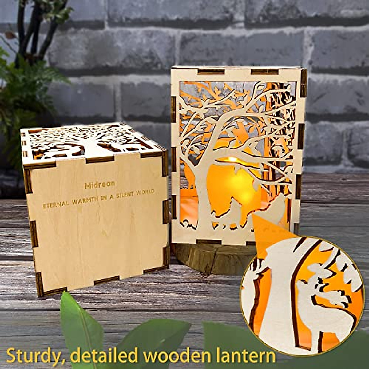 Midrean 1pcs Wooden Farmhouse Lantern Decorative Animals and Tree Shadow Casting Lamp Candle Lantern Small Rustic Decorative Lanterns for Home Decor for Antern Centerpieces for Tables(Deer)