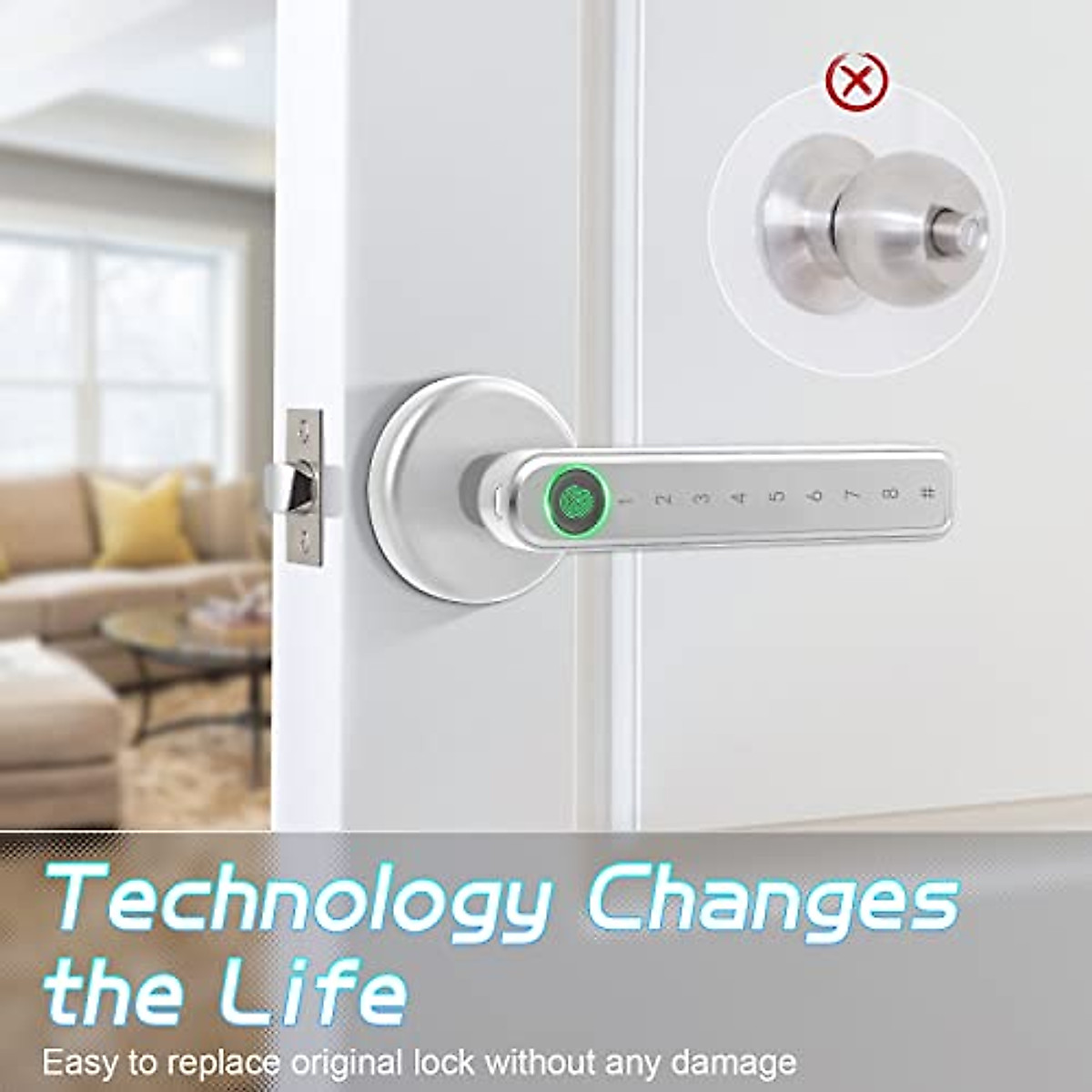 IRONZON Fingerprint Door Lock Door Knob with Keypad Keyless Entry Door Lock with Handle for Home Hotel Office Apartment Bedroom Silver