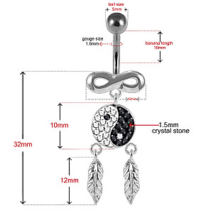 Black Multi Crystal Gemstone Stylish Infinity with Yin Yang and Dream Catcher Dangling 925 Sterling Silver Belly Ring Body Jewelry