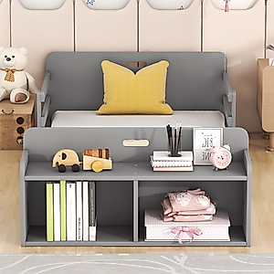 Harper & Bright Designs Twin Size Floor Bed with Storage Footboard and Guardrail, Wood Floor Bed Frame with Solid Wood Slats,Twin Bed Frame for Kids Girls Boys,Gray