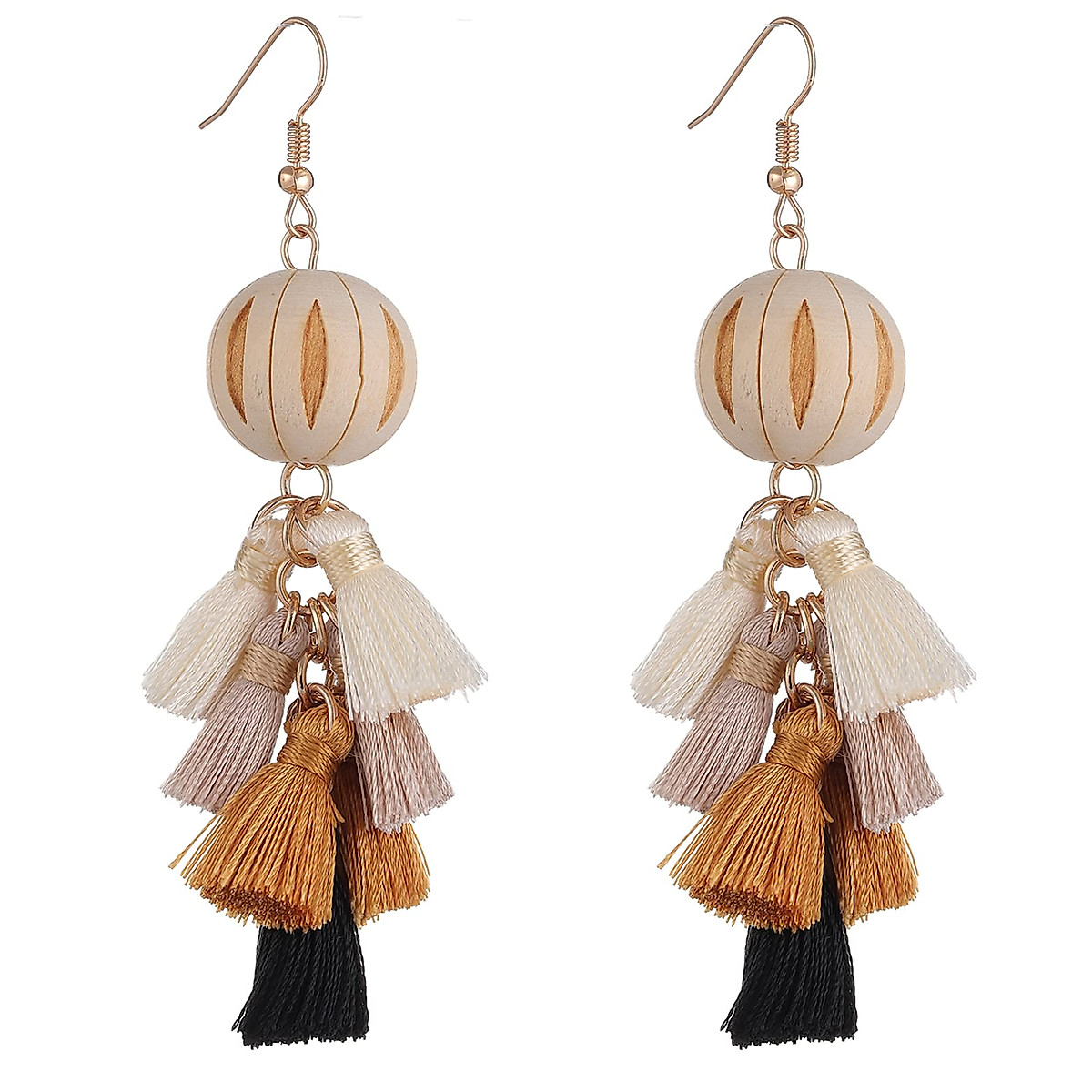 Bohemian Layered Tassel Earrings - Handmade Thread Tassel Dangle Earrings with Wooden ball for Sister, Lover… (Colorful A)
