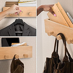 Ligneum Small Wall Shelf with Hooks for Hanging Coats - Wall Mounted Coat Rack and Floating Shelf with Hooks - Apartment Decor Entryway Wall Shelf with Key Organizer and Mail Organizer.