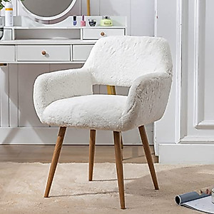 SSLine Faux Fur Vanity Chair Elegant White Furry Makeup Desk Chairs for Girls Women Modern Comfy Fluffy Arm Chair with Wood Look Metal Legs in Bedroom Living Room