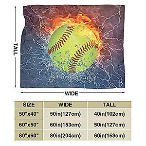 JASMODER Throw Blanket Softball On Fire and Water Soft Microfiber Lightweight Cozy Warm Blankets for Couch Bedroom Living Room