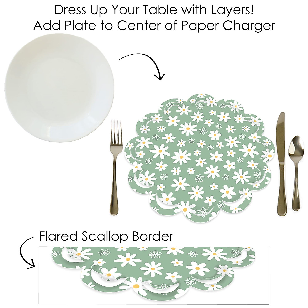 Big Dot of Happiness Sage Green Daisy Flowers - Floral Party Round Table Decorations - Paper Chargers - Place Setting For 12