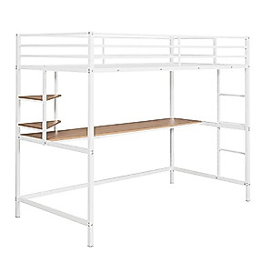 Merax Modern Metal Bunk Bed wit Long Desk and Shelves Loft Bed Frame with Full-Length Gardrail Space-Saving Twin, White