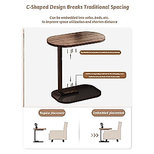Sofa and Bed Side Table, C Shaped End table Small Coffee Table for Small Spaces, Small Side Table Bedroom Bedside Table, Living Room Wood Couch Tables that Slide Under, 18”L x 12”W (brown+black)