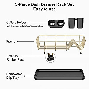 GSlife Dish Drying Rack with Drainboard - Dish Racks for Kitchen Counter, Dish Drainer with Utensil Holder, No Drain Spout, Gold and Black