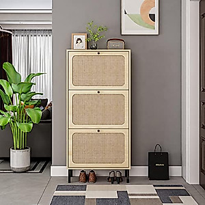 Natural Rattan Shoe Cabinet for Entryway Slim, 3 Drawer Tipping Bucket Shoe Organizer Cabinet with Metal Legs for Entryway, Hallway, Bedroom