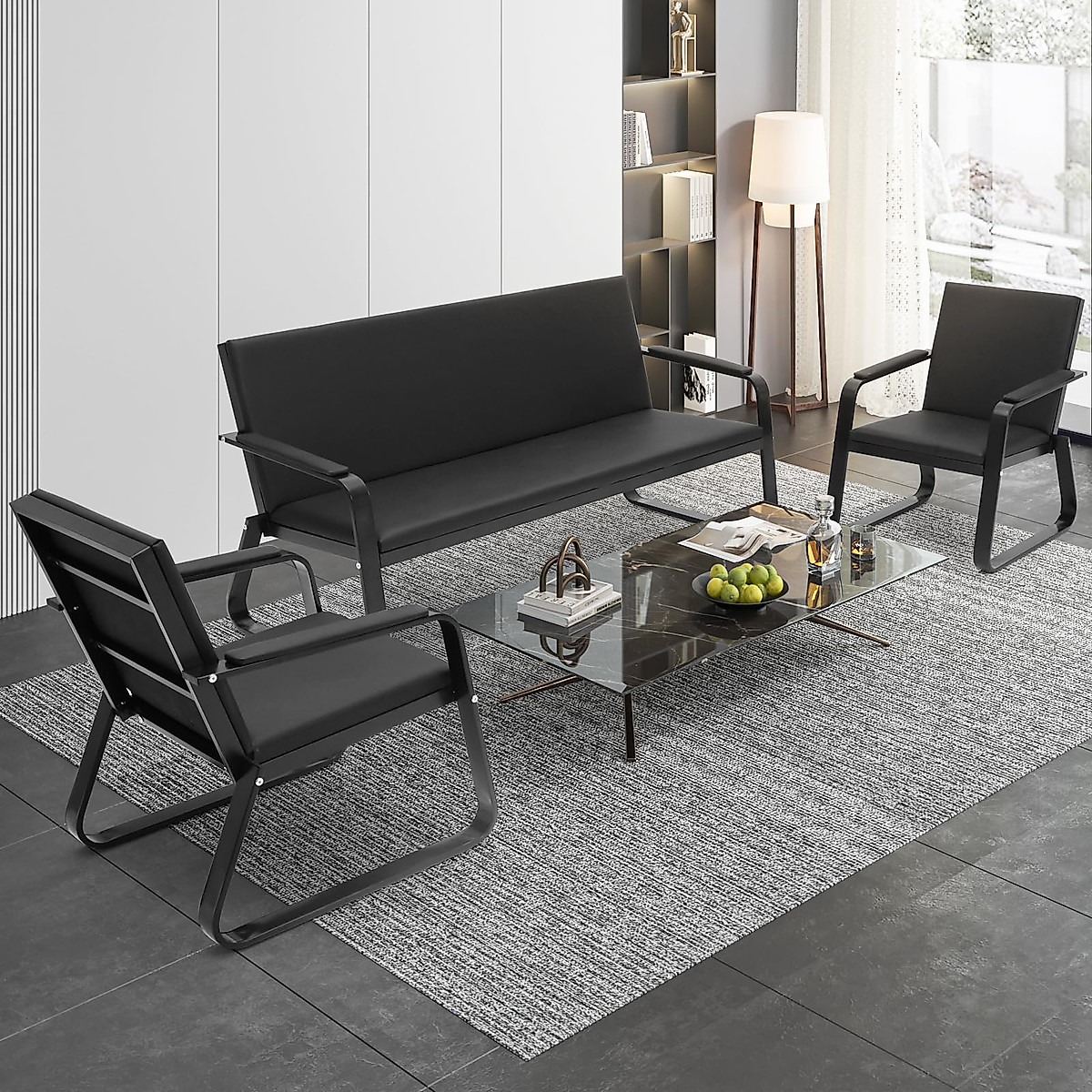 Bestmart PVC Leather 3PCS Office Reception Sofa Set Executive Side Waiting Room Visitor Guest Sofa,Dark Black