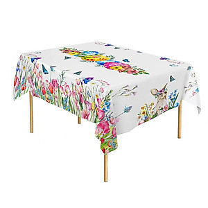Pinatas Easter Tablecloth 60x120 Rectangle, Spring Flower Dining Easter Table Decor, Easter Table Cloth with Bunny Flower, Multi-use Washable Polyester Spring Tablecloth for Home Party Dining Picnic